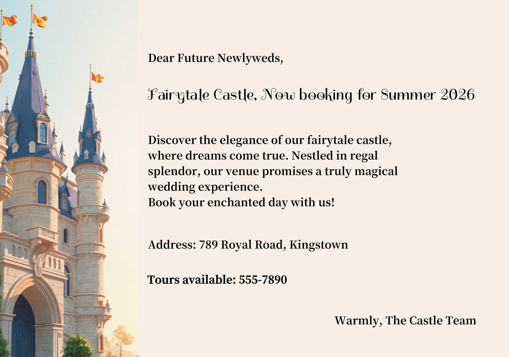 Elegant Castle Wedding Venues Postcard Template - AI Designs by MolyPix.AI