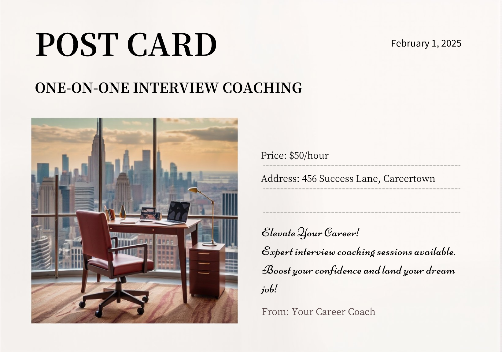 One-on-One Interview Coaching Postcard Template - AI Designs by MolyPix.AI