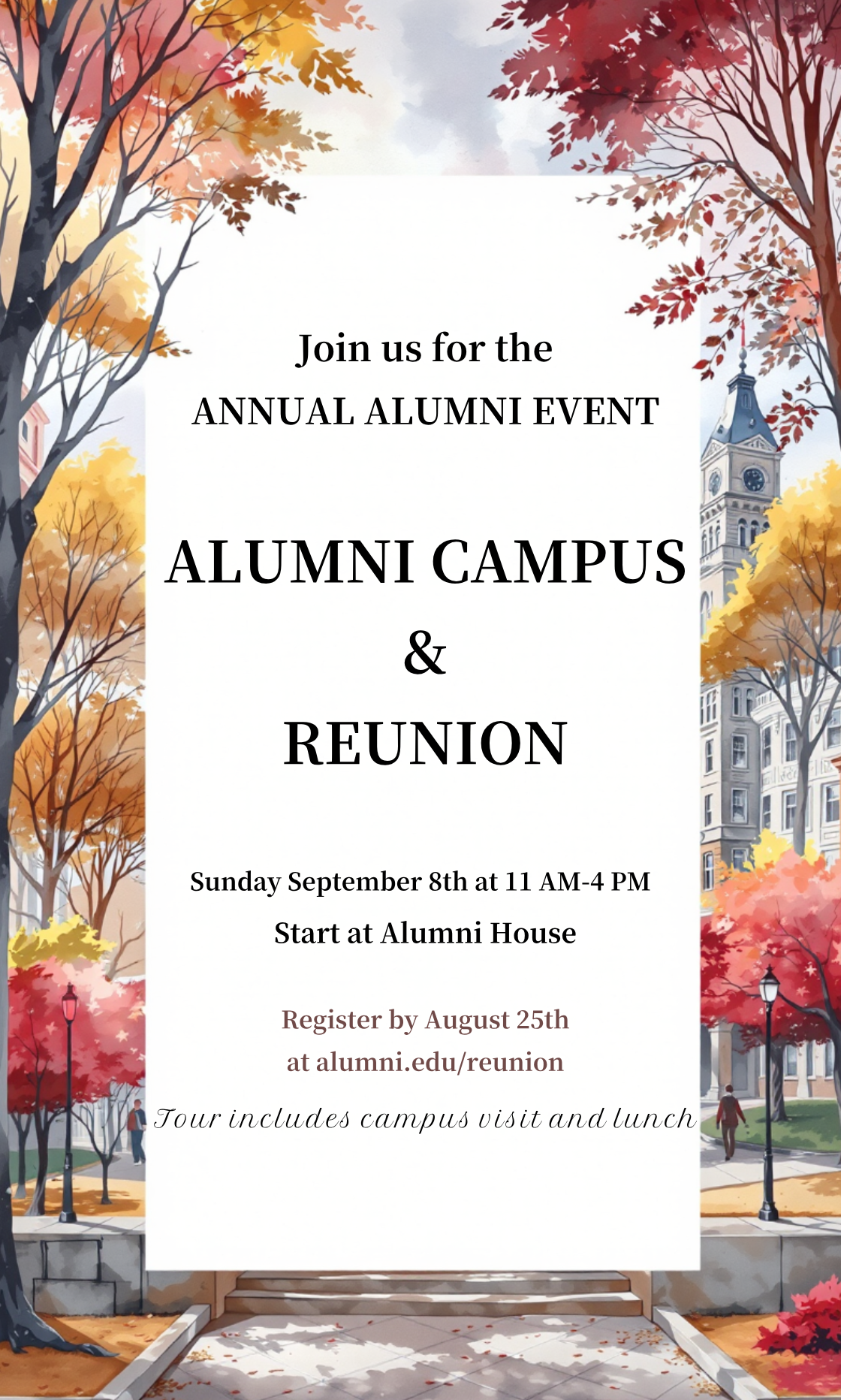 Maroon Gray Watercolour Illustration Alumni Campus Tour Reunion Invitation