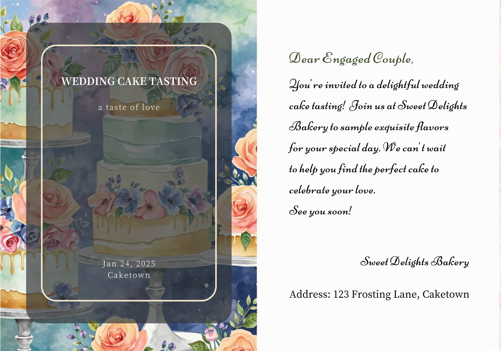 Wedding Cake Tasting Invitation Postcard Template - AI Designs by ...