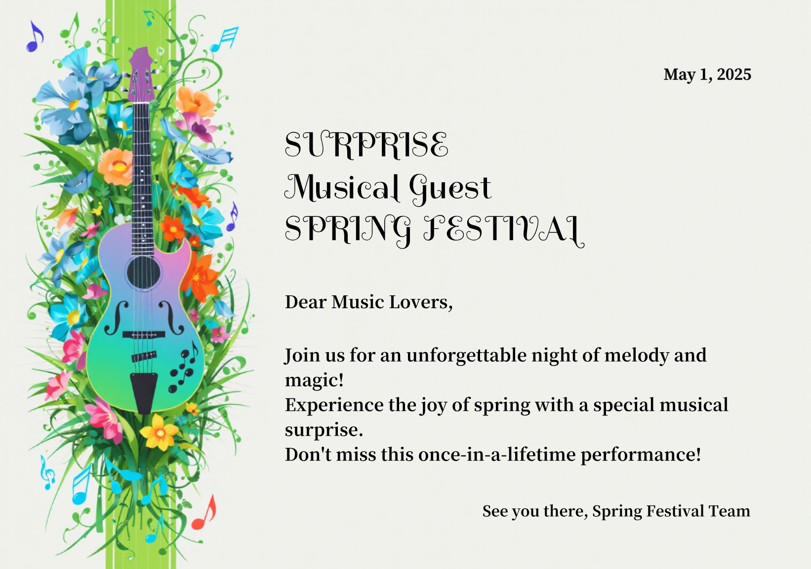 Surprise Musical Guest Postcard Template - AI Designs by MolyPix.AI