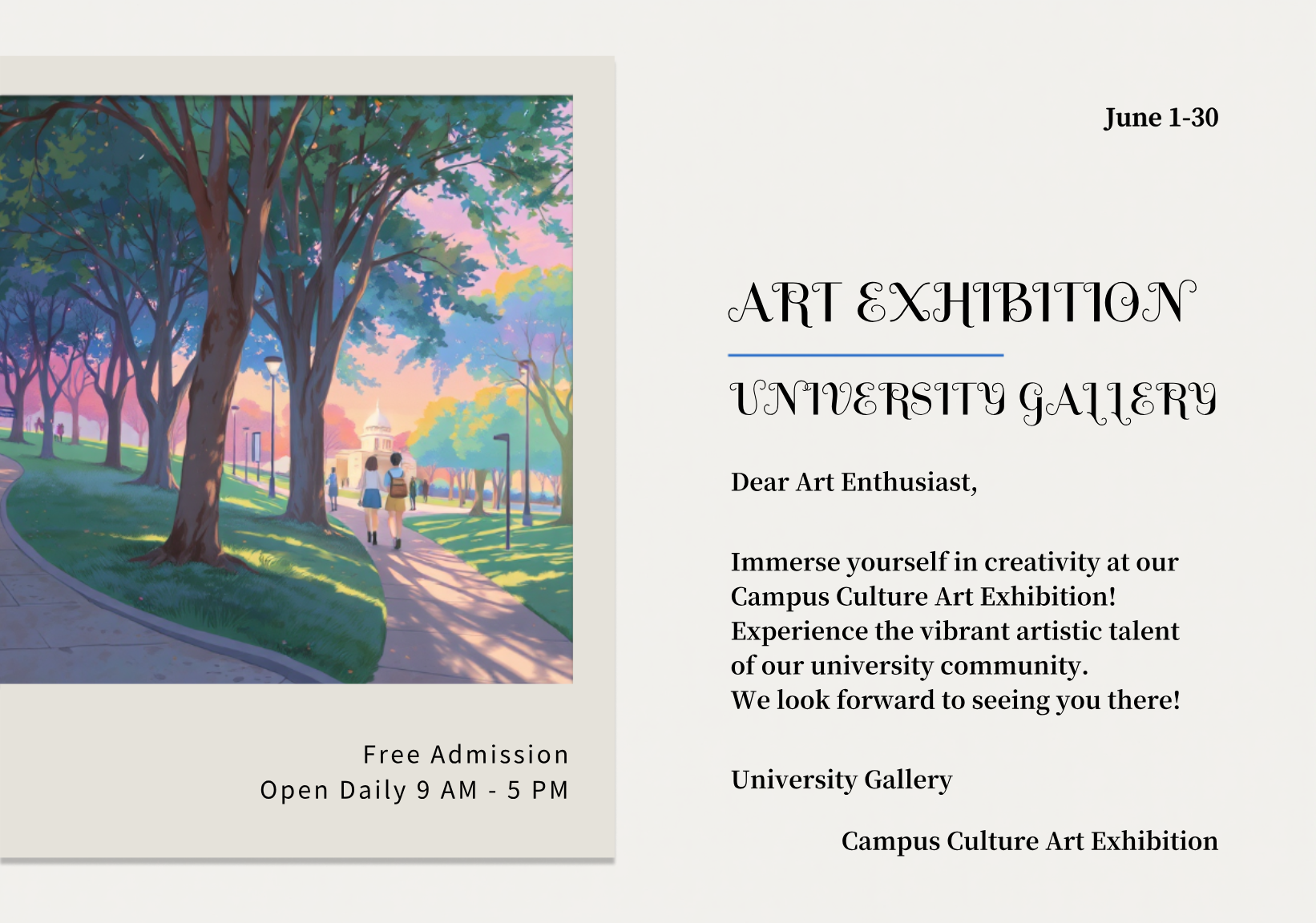 Campus Culture Art Exhibition Postcard Template - AI Designs by MolyPix.AI