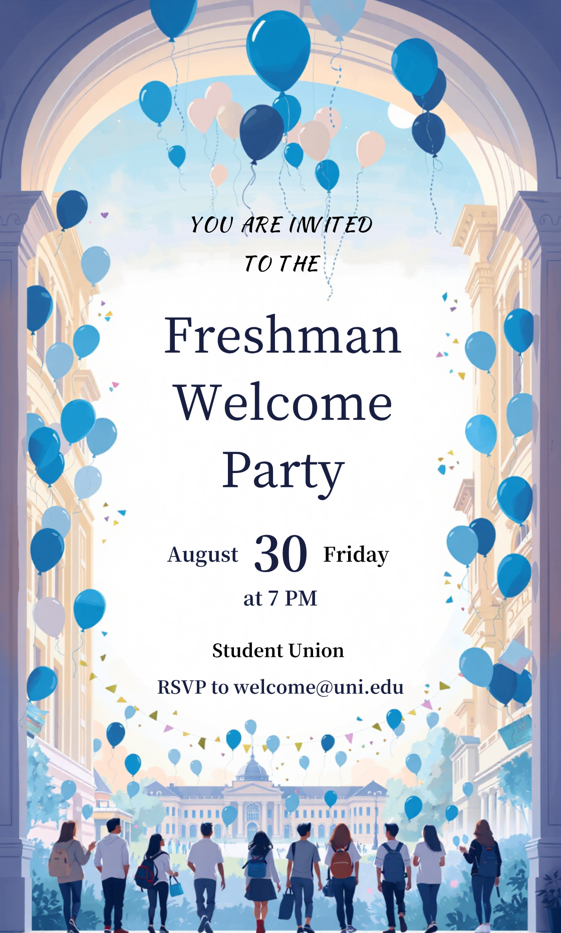 Freshman Welcome Campus Life Party Invitation Template - AI Designs by ...