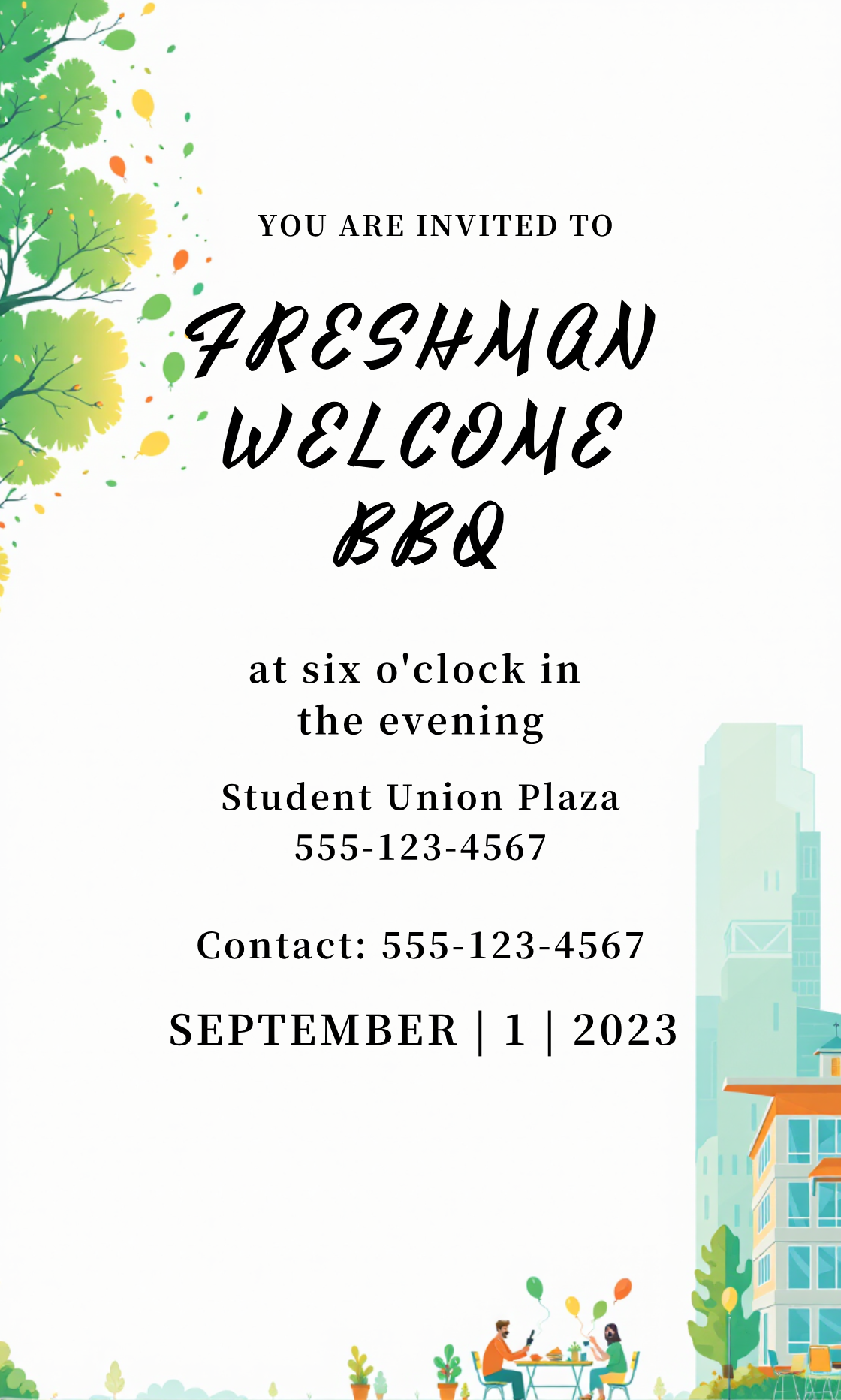 Green White Flat Illustration Freshman Welcome BBQ Invitation