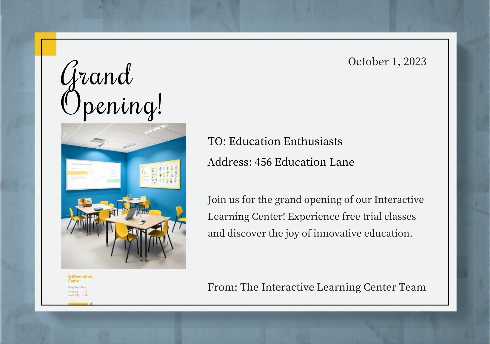 Interactive Learning Center Opening Postcard Template - AI Designs by ...