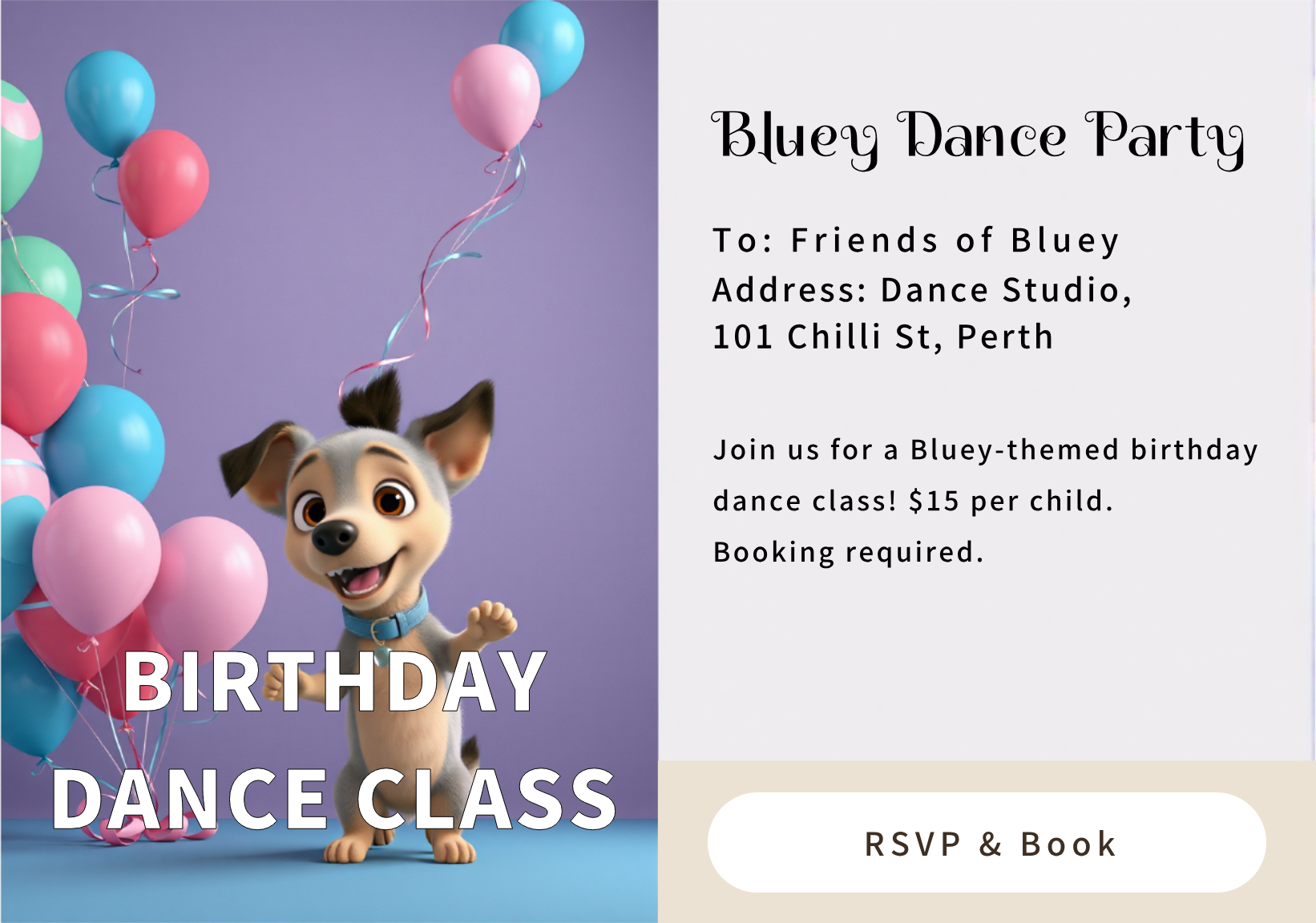 Bluey Birthday Party Dance Postcard Template - AI Designs by MolyPix.AI