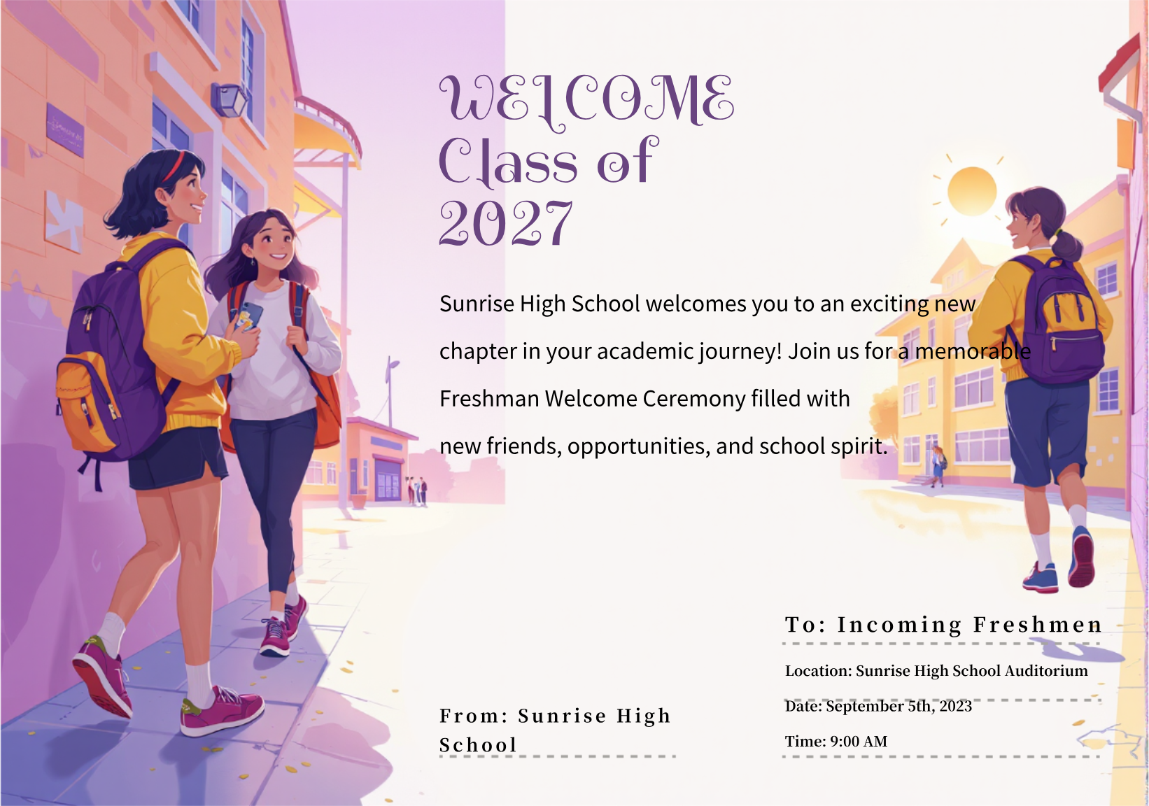 Yellow and Purple Flat Illustration Freshman Welcome Ceremony Postcard