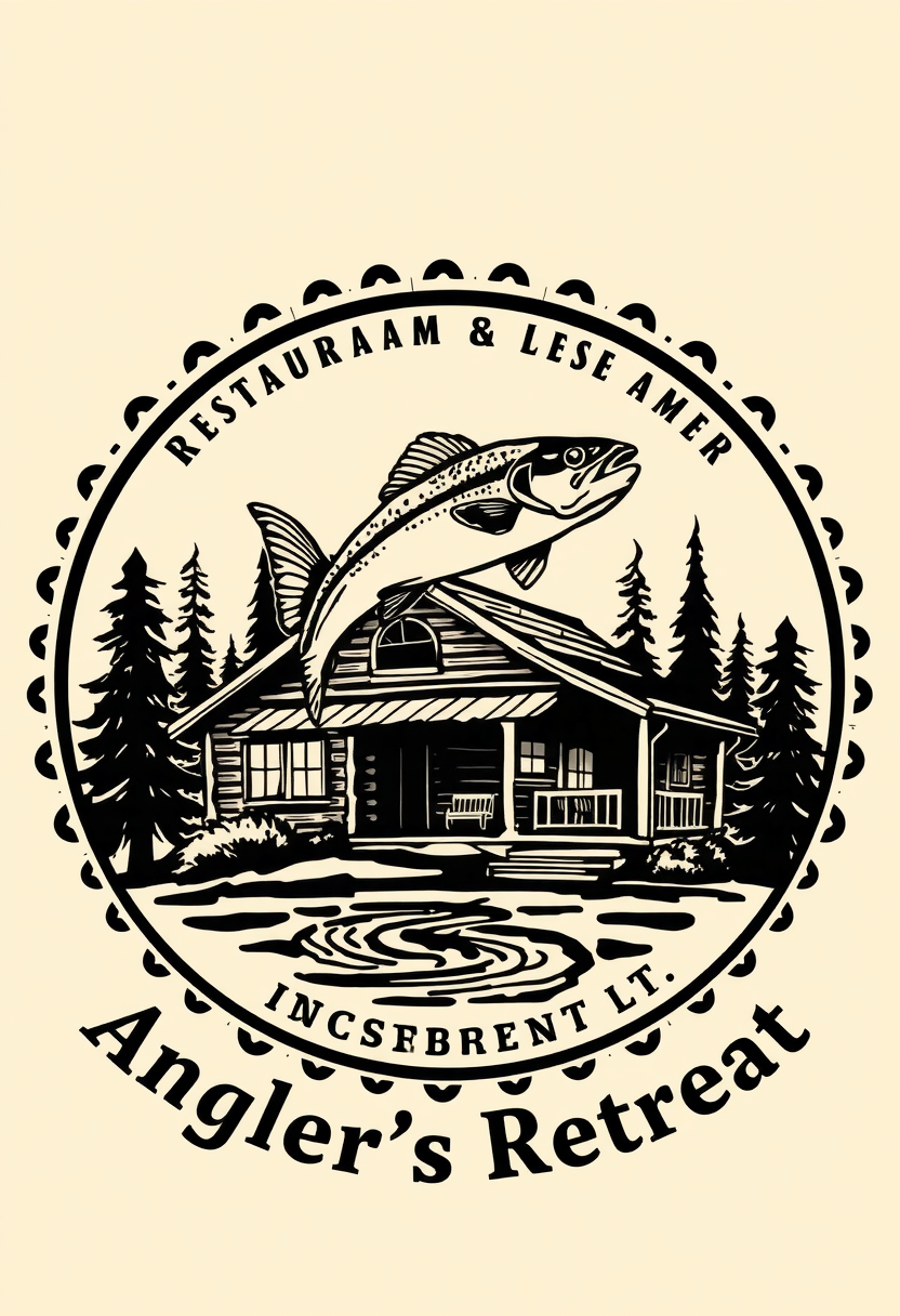 Log Cabin Restaurant Fishing Lodge Logo in Blue Green Auto Style