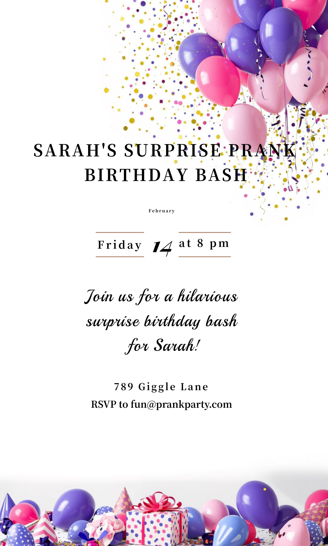 Surprise Prank Birthday Bash Invitation Template - AI Designs by MolyPix.AI