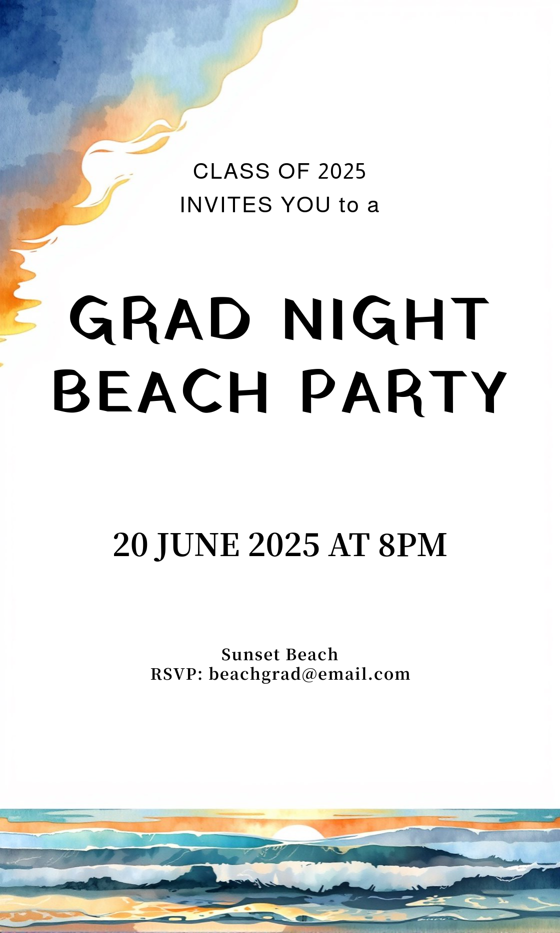 Grad Night Beach Party Ideas Invitation Template - AI Designs by MolyPix.AI