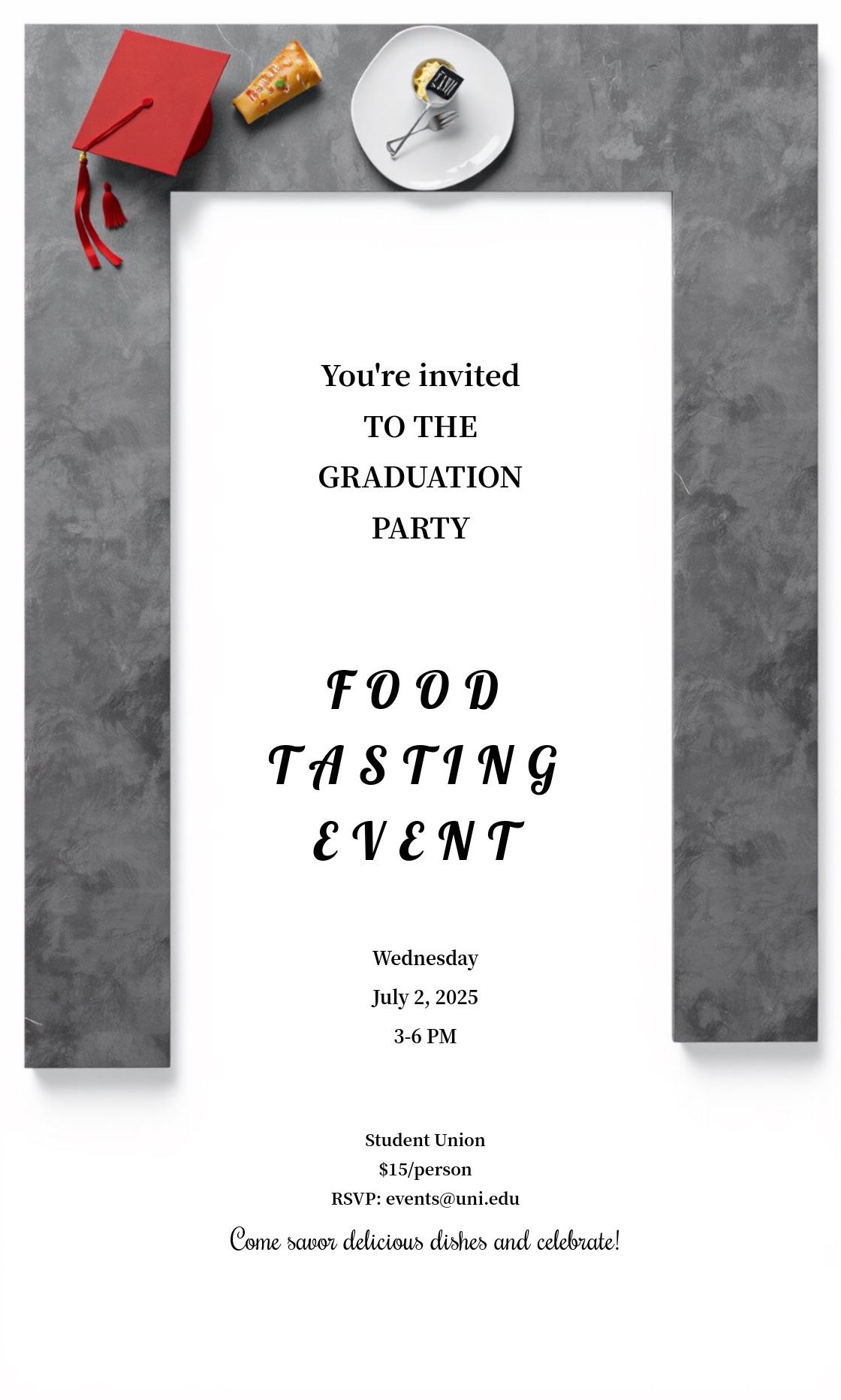 University Graduation Party Food Tasting Invitation Template - AI ...