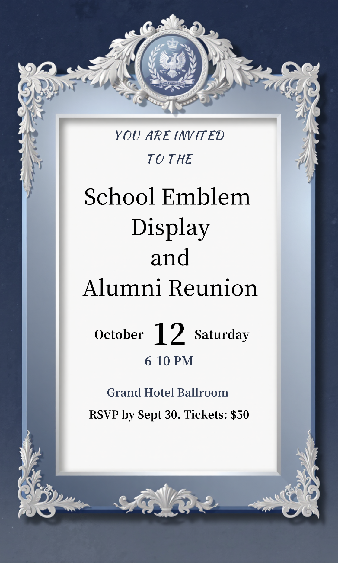 School Emblem Display Alumni Reunion Invitation Template - AI Designs ...