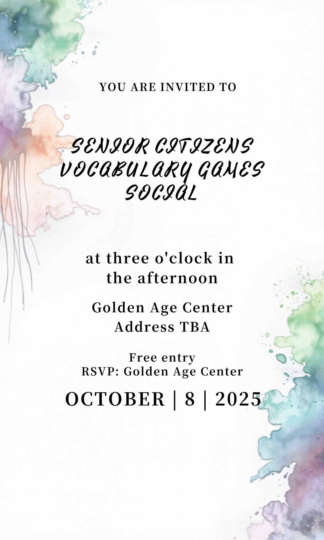 Senior Citizens Vocabulary Games Invitation Template - AI Designs by ...