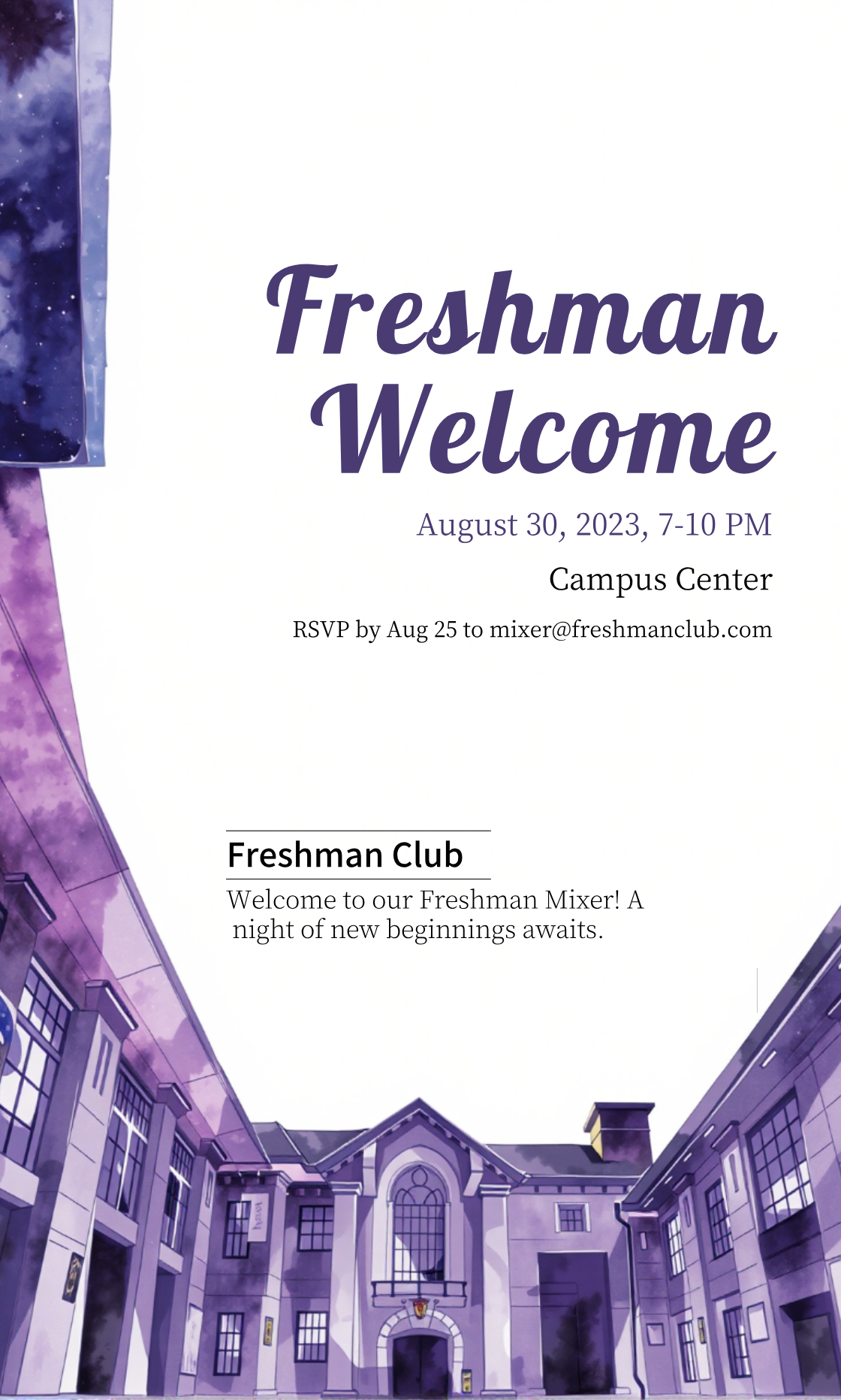 Freshman Welcome Mixer Invitation Template - AI Designs by MolyPix.AI