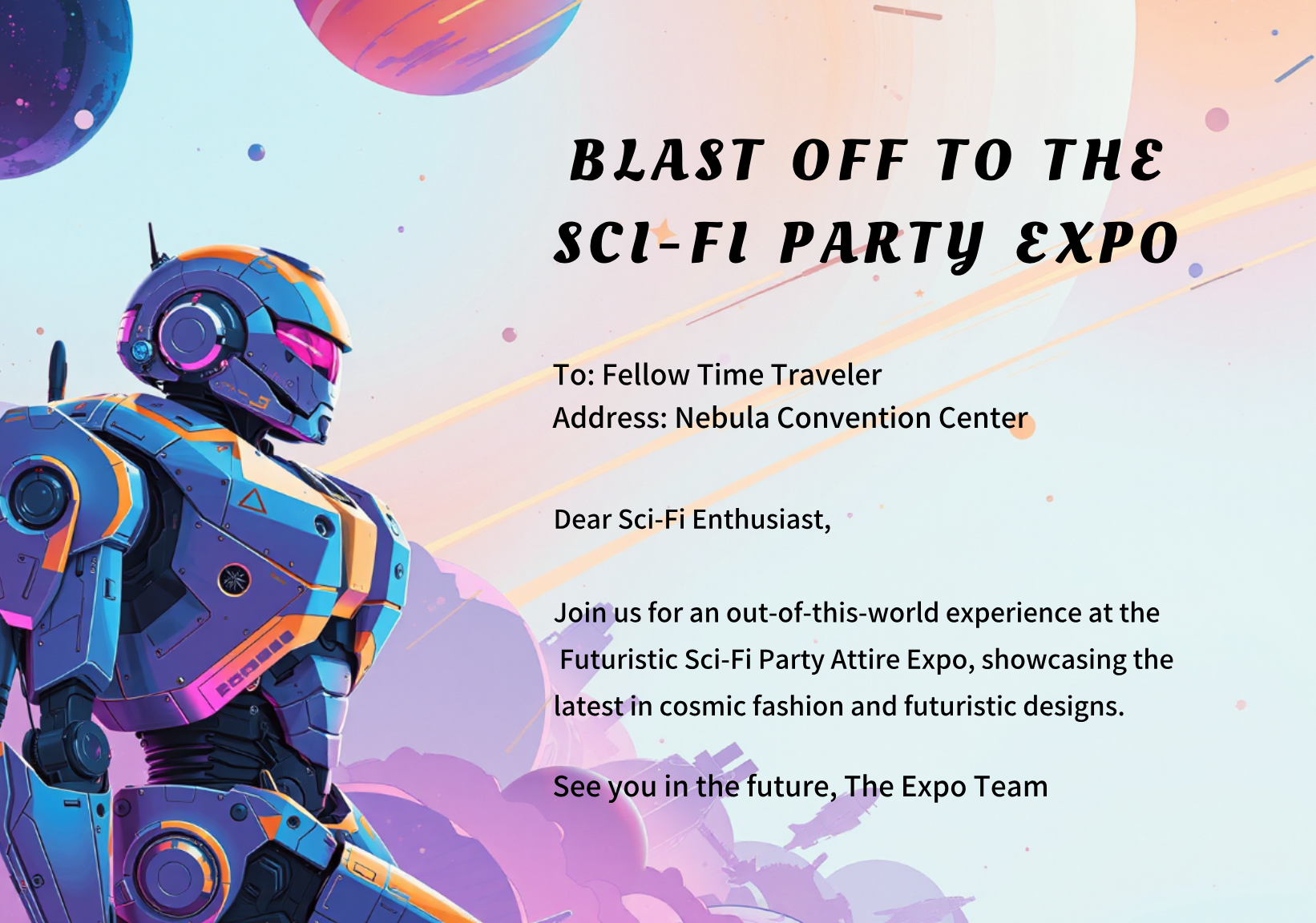Futuristic Sci-Fi Party Attire Postcard Template - AI Designs by MolyPix.AI