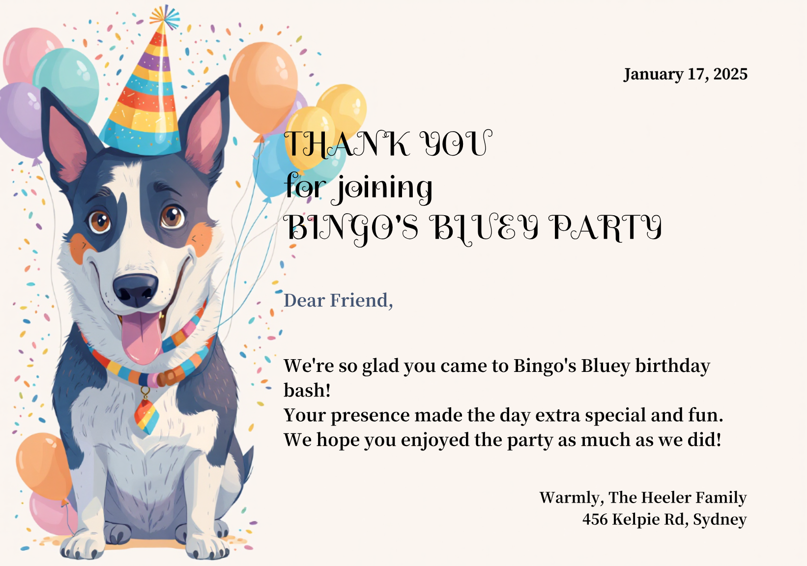 Bluey Birthday Party Thanks Postcard Template - AI Designs by MolyPix.AI