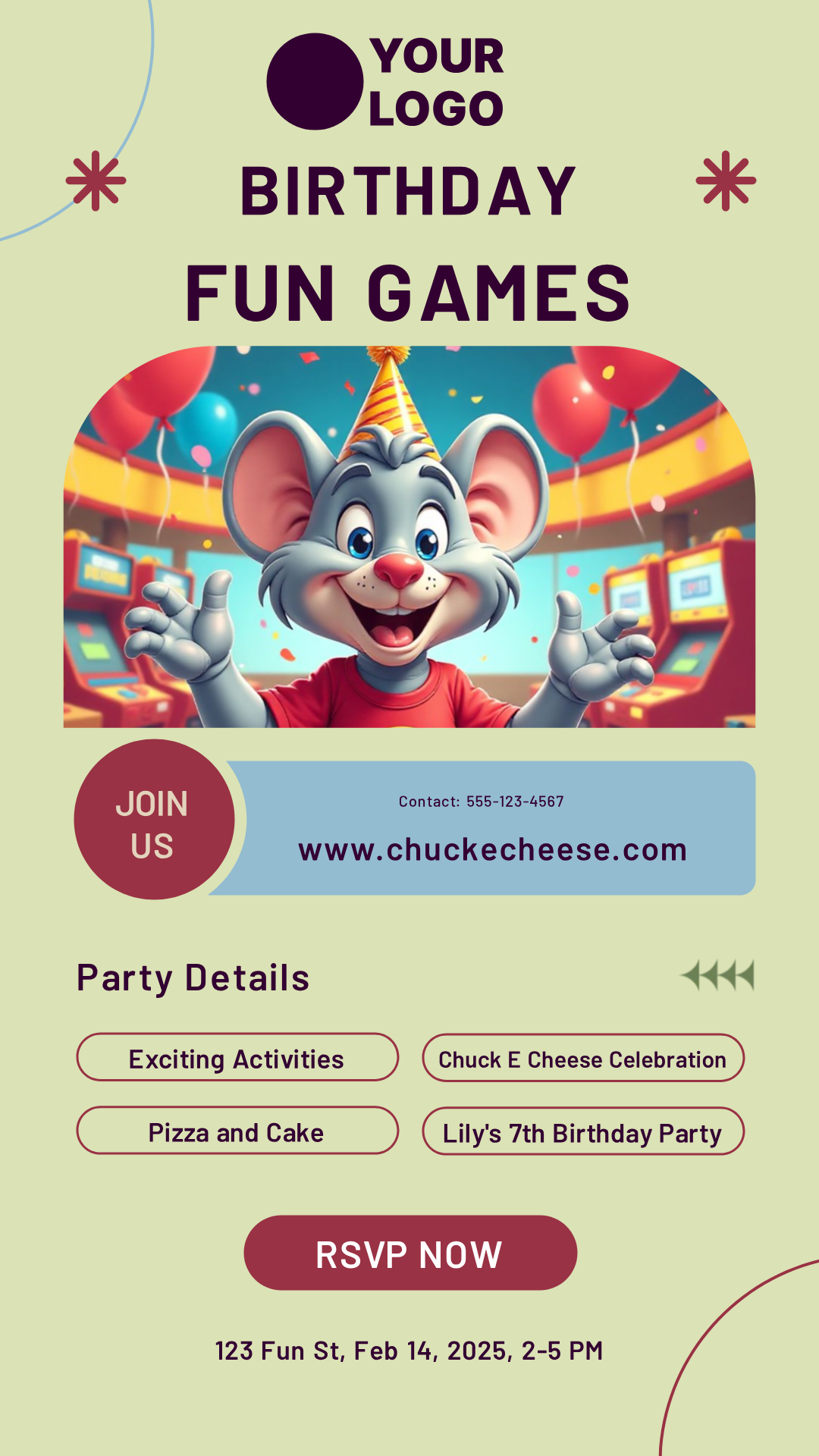Chuck E Cheese Birthday Party Poster Template - AI Designs by MolyPix.AI